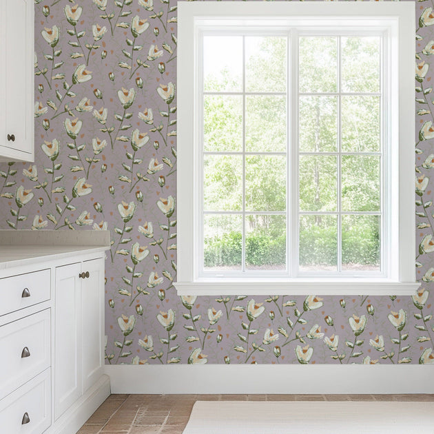 Spring Blooms Mauve Floral Wallpaper