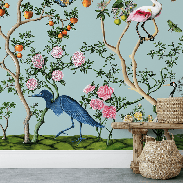Bird and Branch Peel and Stick Wallpaper Mural in Light Blue