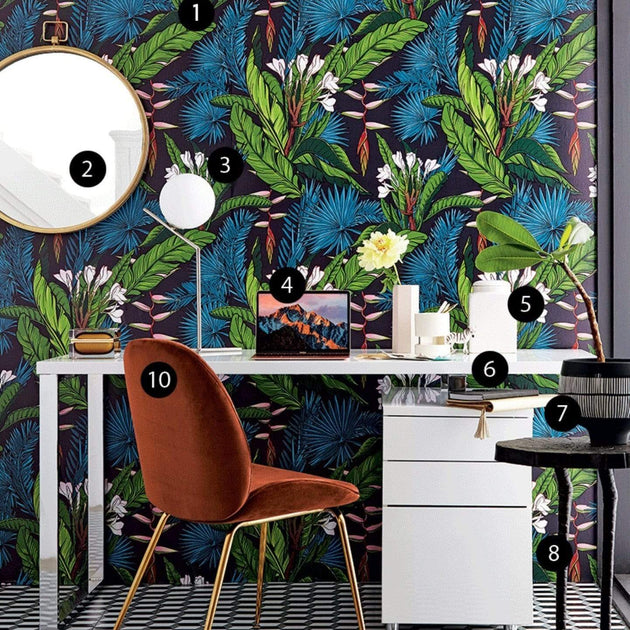 Bold Tropical Wallpaper with Banana Leaves, Palm Fronds & Birds of Paradise