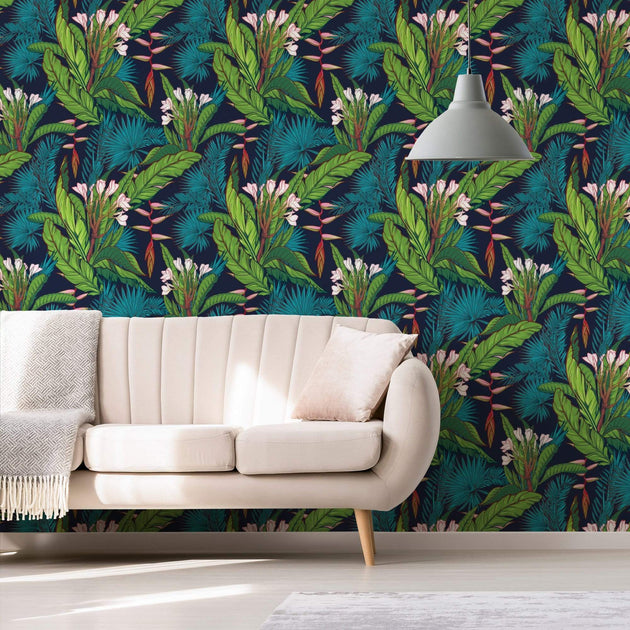 Bold Tropical Wallpaper with Banana Leaves, Palm Fronds & Birds of Paradise