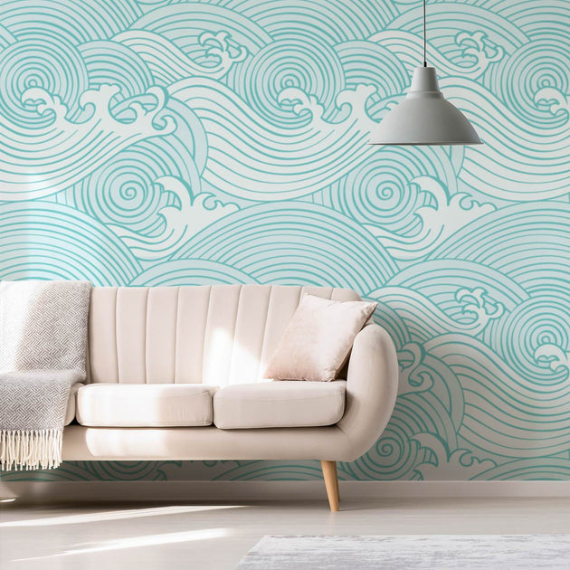Hand Drawn Aqua Ocean Wave Swirls Peel & Stick Wallpaper