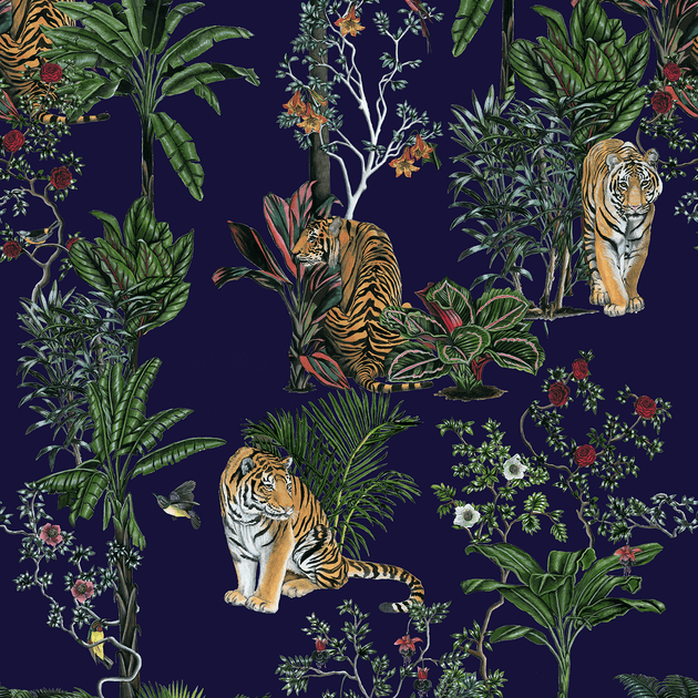 Tiger Tropics in Navy Temporary Wallpaper