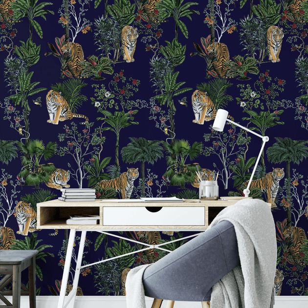 Tiger Tropics in Navy Temporary Wallpaper